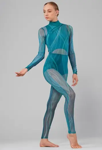 Mesh Fluid Lines Print Dance Unitard | Weissman®