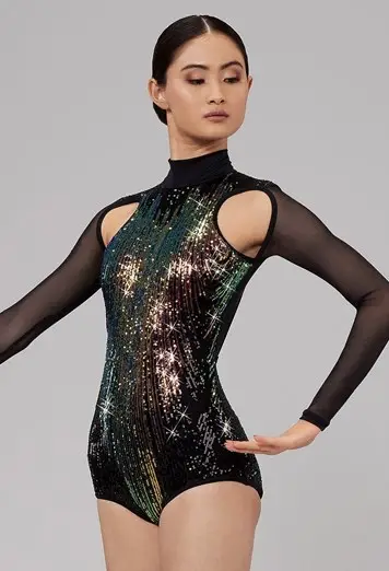 Shrug Sleeve Engineered Sequin Leotard | Weissman®